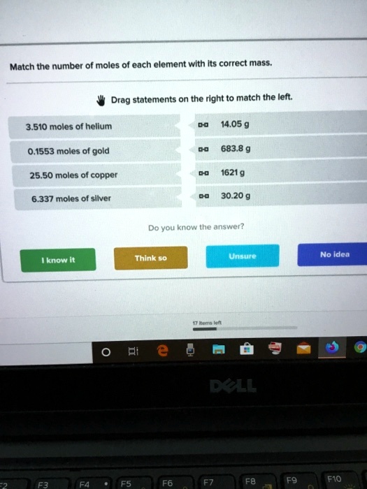 Solved Match The Number Of Moles Of Each Element With Its Correct Mass