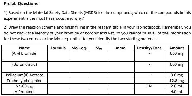 SOLVED: Prelab Questions 1) Based on the Material Safety Data Sheets ...