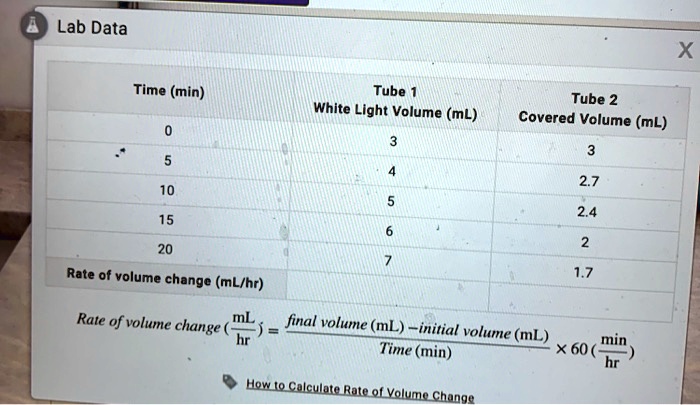 Lab Data Time (min) Tube Tube 2 White Light Volume (mL) Covered Volume (mL) 2.7 2.4 Rate of ...