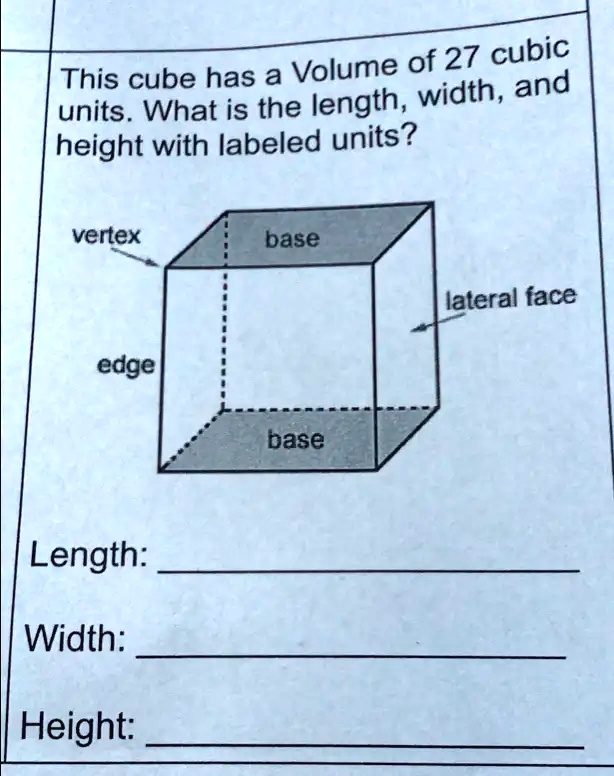 SOLVED: Volume of 27 cubic This cube has a length , width, and units ...
