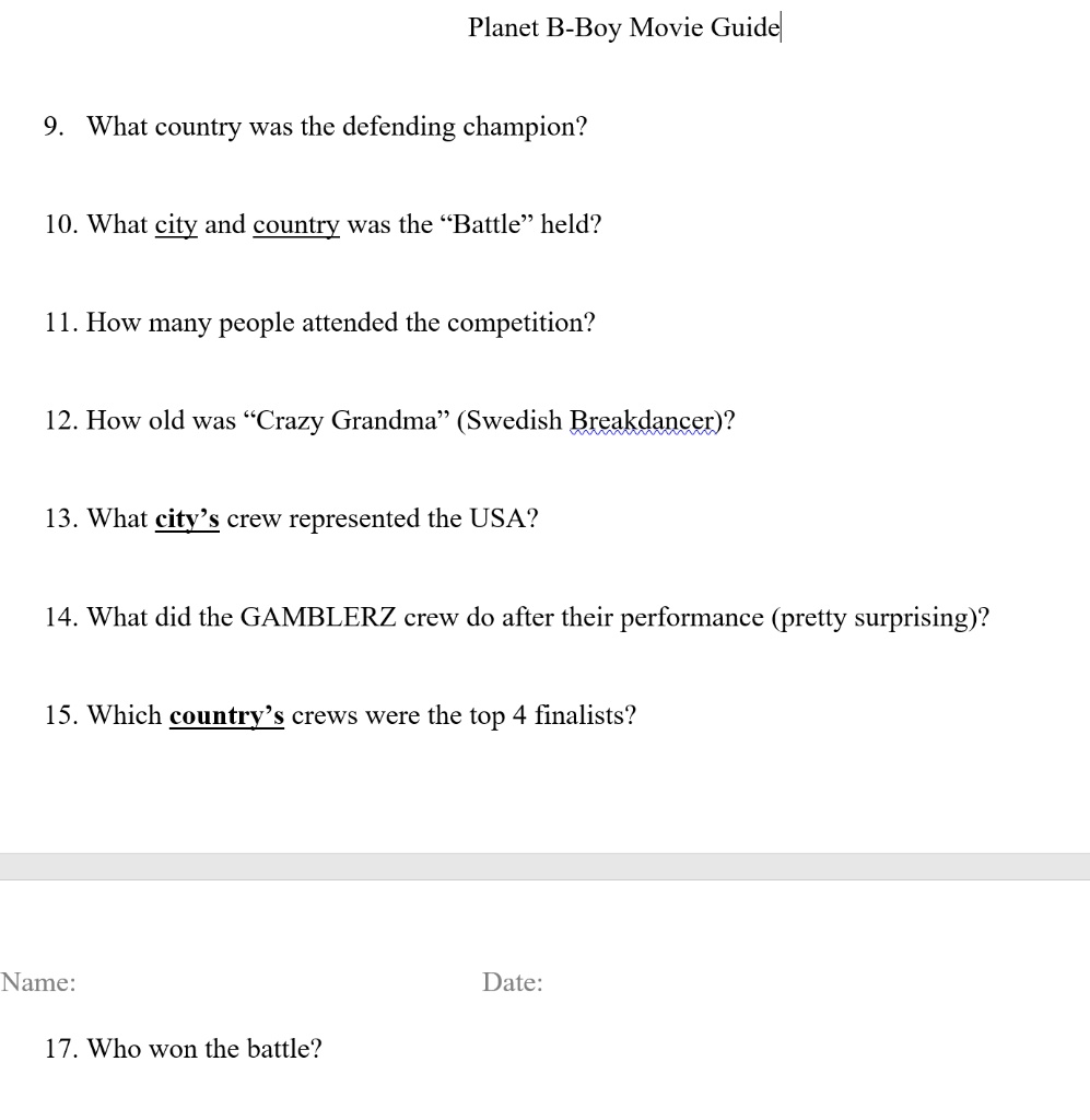 [GET ANSWER] Planet B-Boy Movie Guide 9. What country was the defending ...