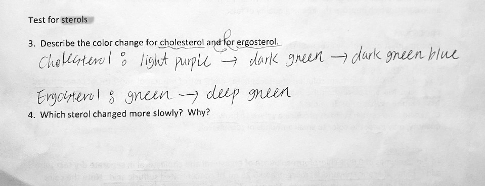 SOLVED: Test for sterols 3. Describe the color change for cholesterol ...