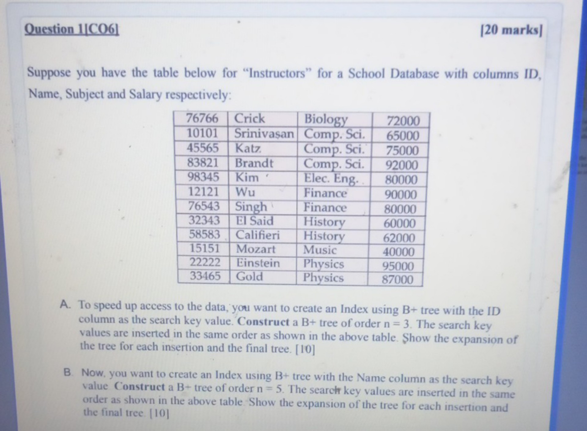 Question 1/CO6] [20 marks] Suppose you have the table below for ...
