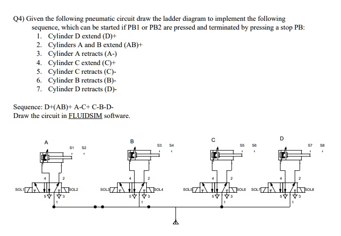 Q4) Given the following pneumatic circuit draw the ladder diagram to ...