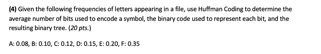 4 given the following frequencies of letters appearing in a file use huffman coding to determine ...