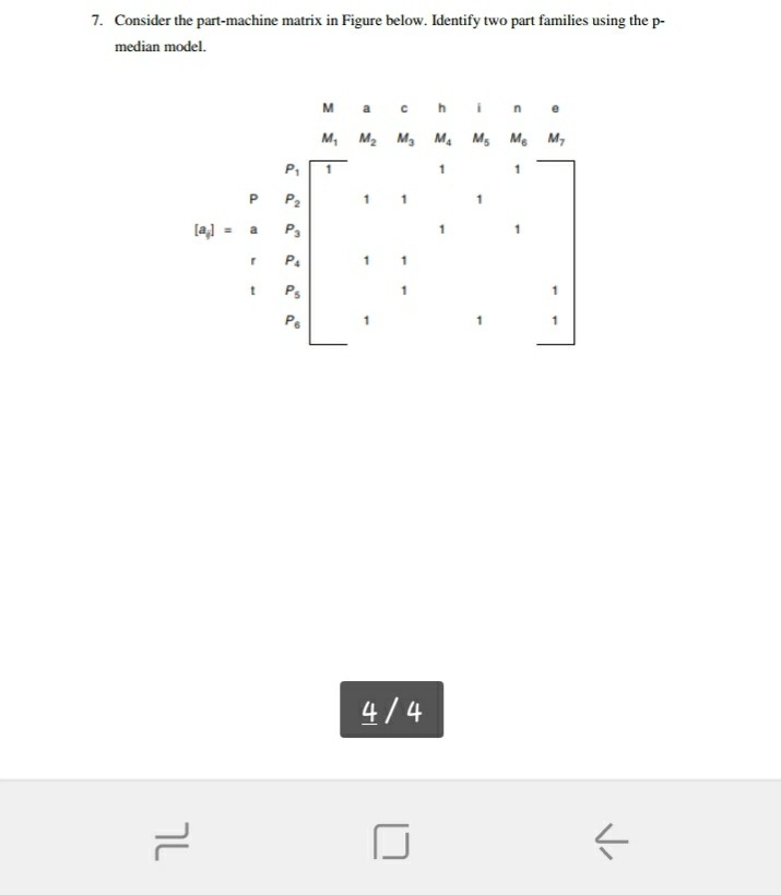 7. Consider the part-machine matrix in Figure below. Identify two part families using the ...