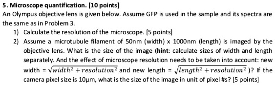 SOLVED: Microscope quantification. [10 points] An Olympus objective ...