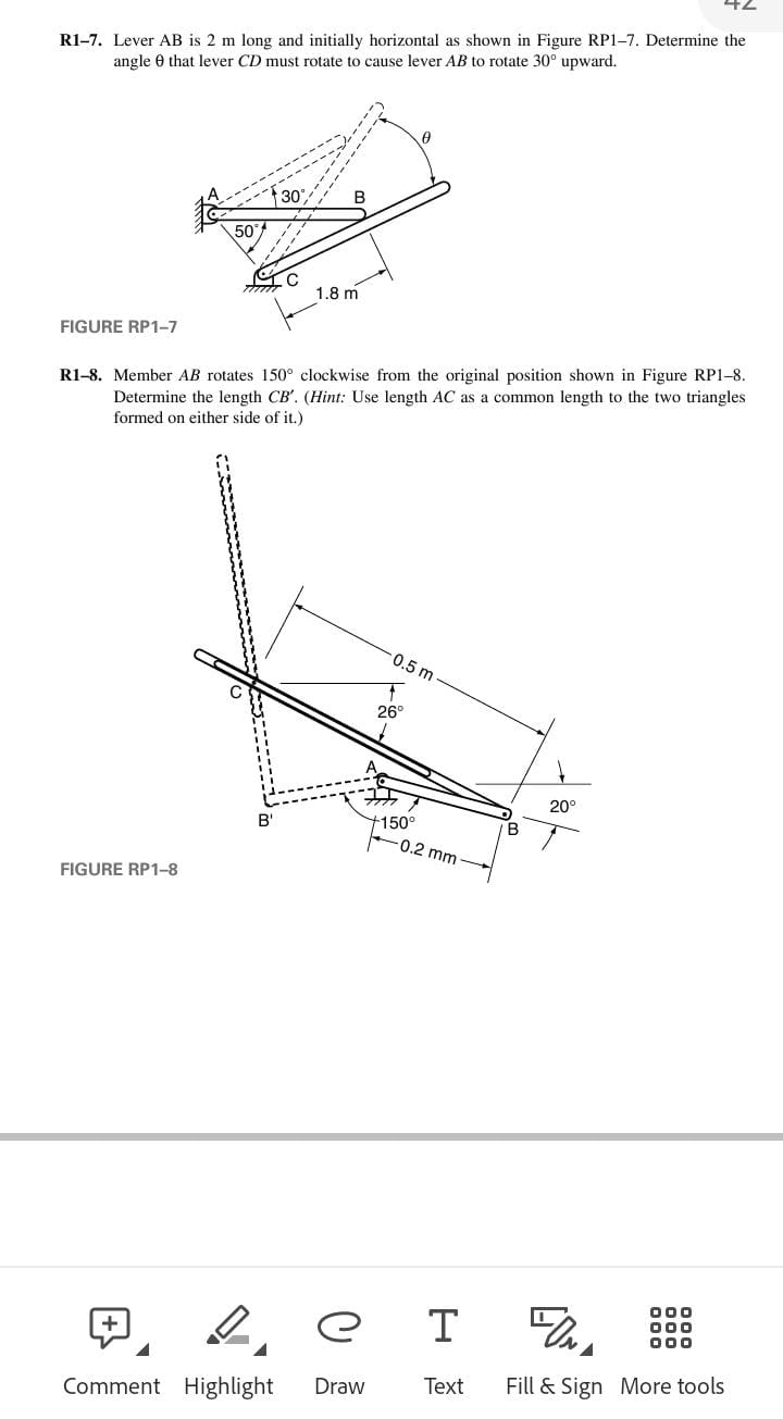 R1-7. Lever A B is 2 m long and initially horizontal as shown in Figure ...