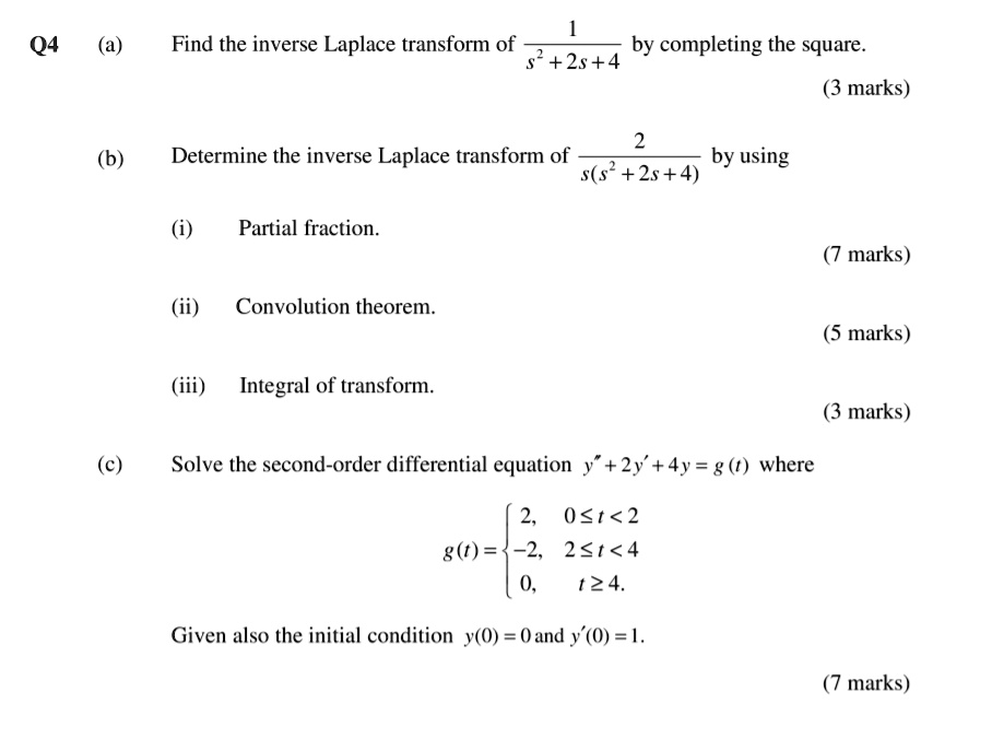 SOLVED: Find the inverse Laplace transform of by completing the square +25+4 marks) Q4 Determine ...