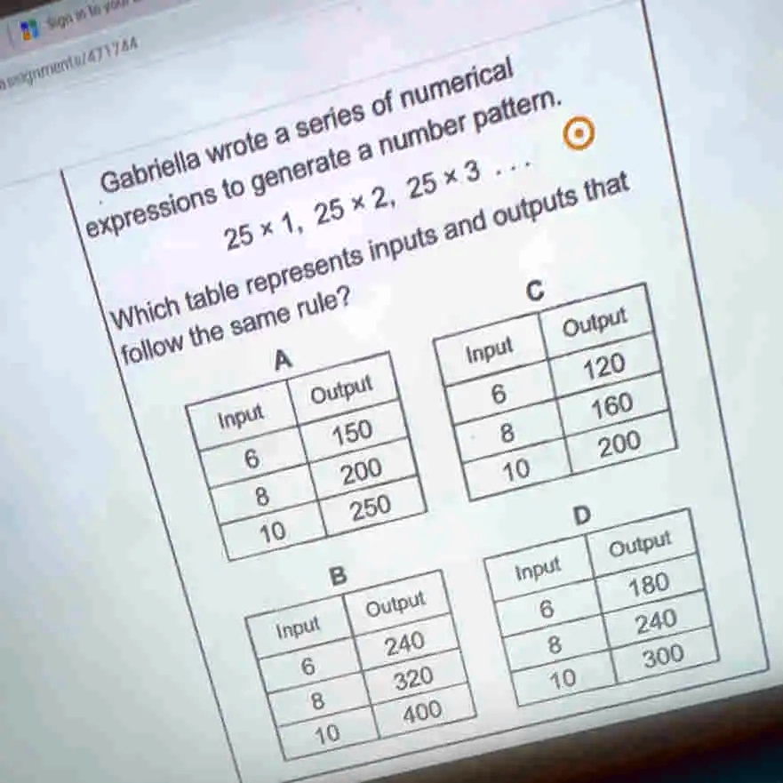 Gabriella wrote a series of numerical expressions to generate a number ...