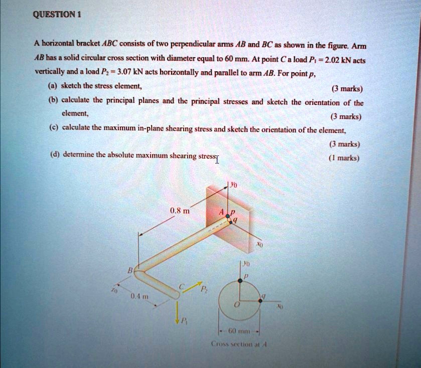 QUESTION 1 A horizontal bracket ABC consists of two perpendicular arms ...