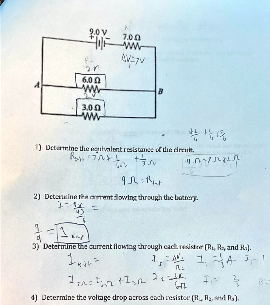 1) Determine the equivalent resistance of the circuit. 2) Determine the current flowing through ...