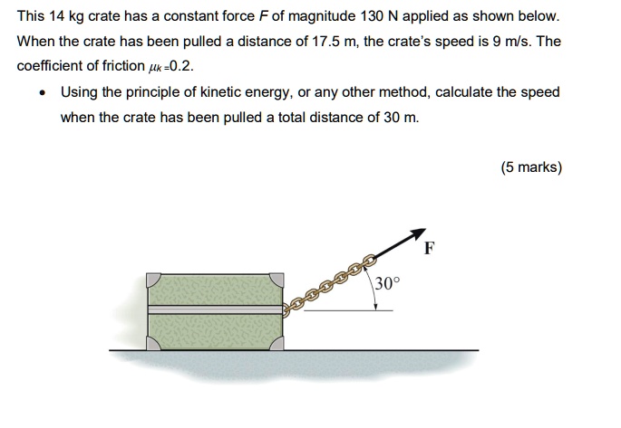 SOLVED: This 14 kg crate has a constant force F of magnitude 130 N applied as shown below. When ...