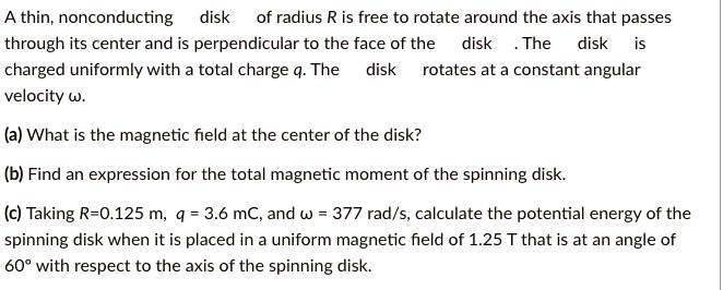 a thin nonconducting disk of radius r is free to rotate around the axis that passes through its ...