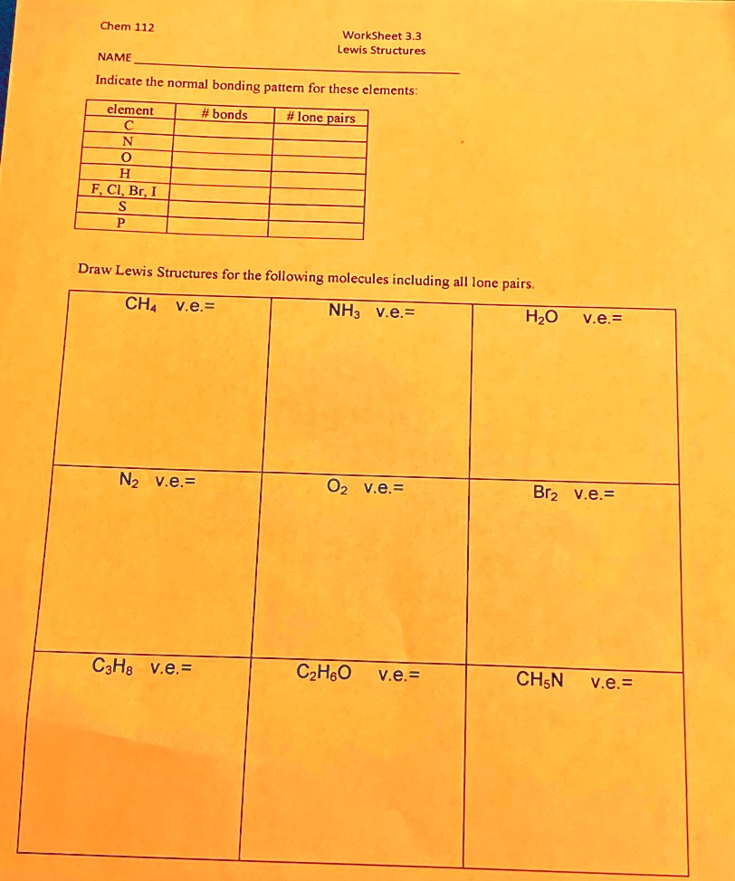chem 112 worksheet 33 name lewis structures indicate the normal bonding pattern for these ...