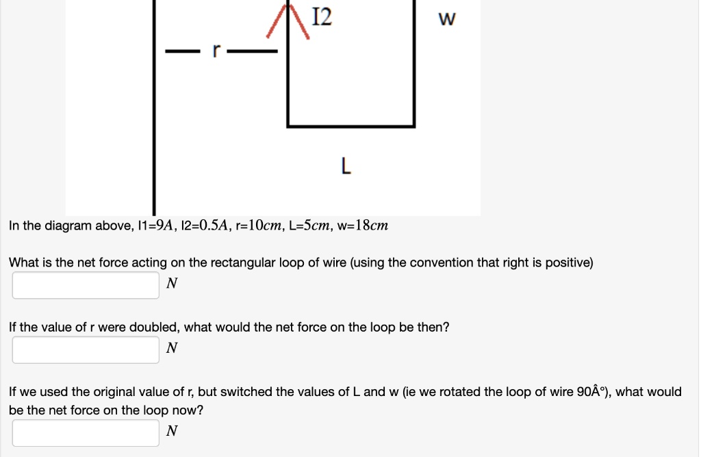 SOLVED: I2 M In the diagram above, I1=94,12-0.S4,r=]Ocm, L-Scm, W=l8cm What is the net force ...