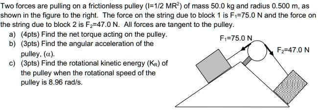 SOLVED: Two forces are pulling on a frictionless pulley (I = 1/2 MR^2 ...