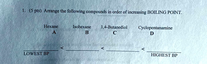 SOLVED: Arrange the following compounds in order of increasing BOILING POINT: Hexane Isohexane 1 ...