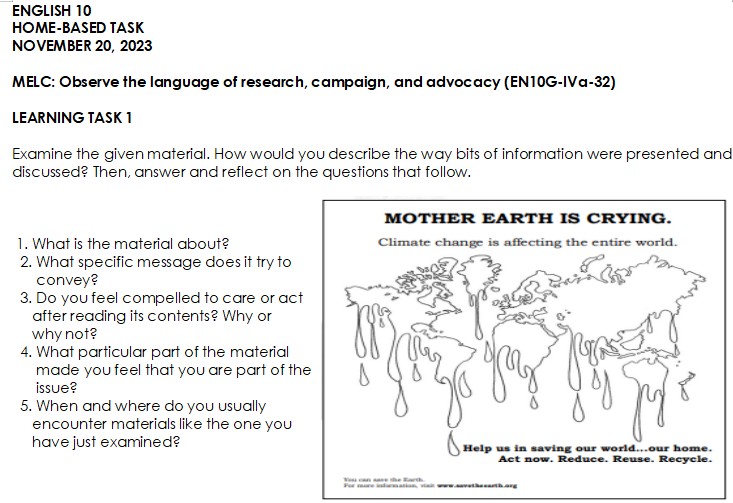 ENGLISH 10 HOME-BASED TASK NOVEMBER 20, 2023 MELC: Observe the language of research, campaign ...
