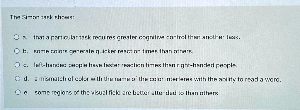 The Simon task shows: a. that a particular task requires greater ...