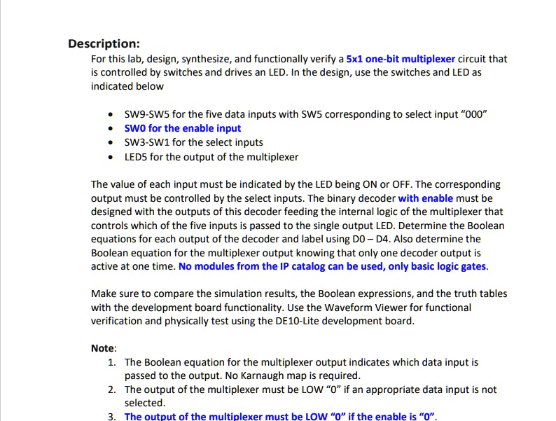 description for this labdesignsynthesizeand functionally verify a 5x1 one bit multiplexer ...