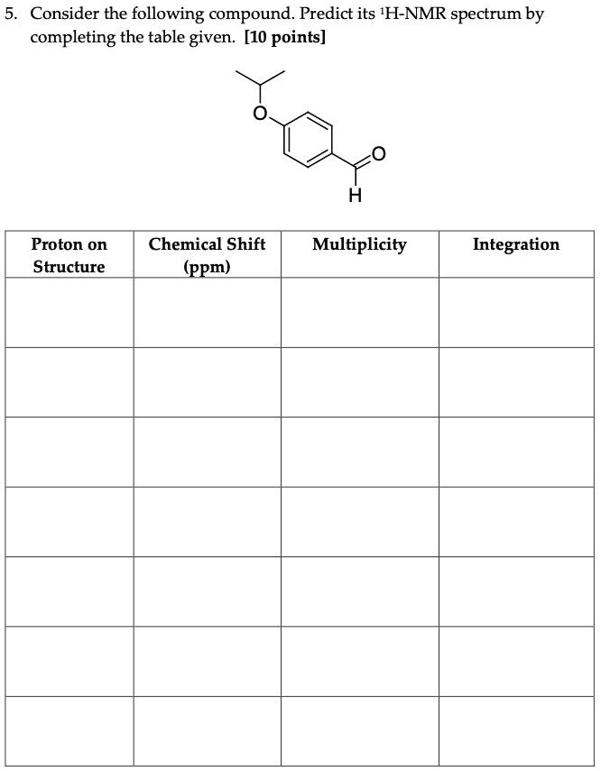 SOLVED: Consider the following compound: Predict its 'H-NMR spectrum by ... SOLVED: Consider the following compound: Predict its 'H-NMR spectrum by ...