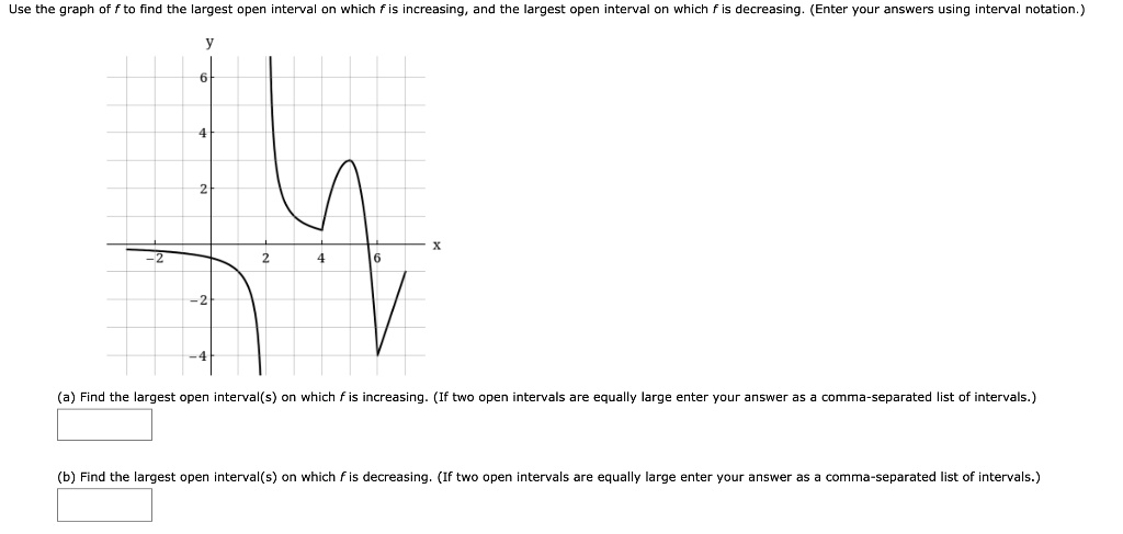 SOLVED: Use the graph of f to find the largest open interval in which f is increasing and the ...