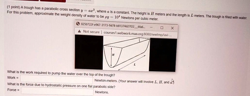 (1 point) A trough has a parabolic cross section y = ax^2, where a is a ...