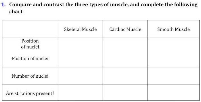 SOLVED: Compare and contrast the three types of muscle, and complete ...
