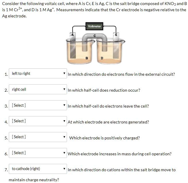 SOLVED: Consider the following voltaic cell, where A is Cr; Eis Ag, C is the salt bridge ...