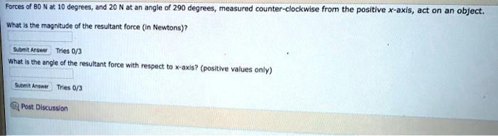 SOLVED: Forces 80 Wat 10 degrees; and 20 at an angle 0f 290 degrees ...