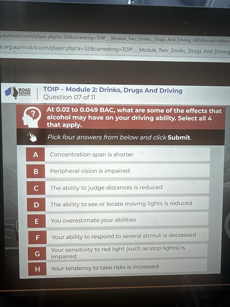 TOIP - Module 2: Drinks, Drugs And Driving Question 07 of 11 At 0.02 to ...