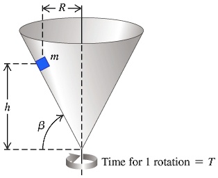 A small block of mass m is placed inside a frictionless cone rotating about its axis with period ...