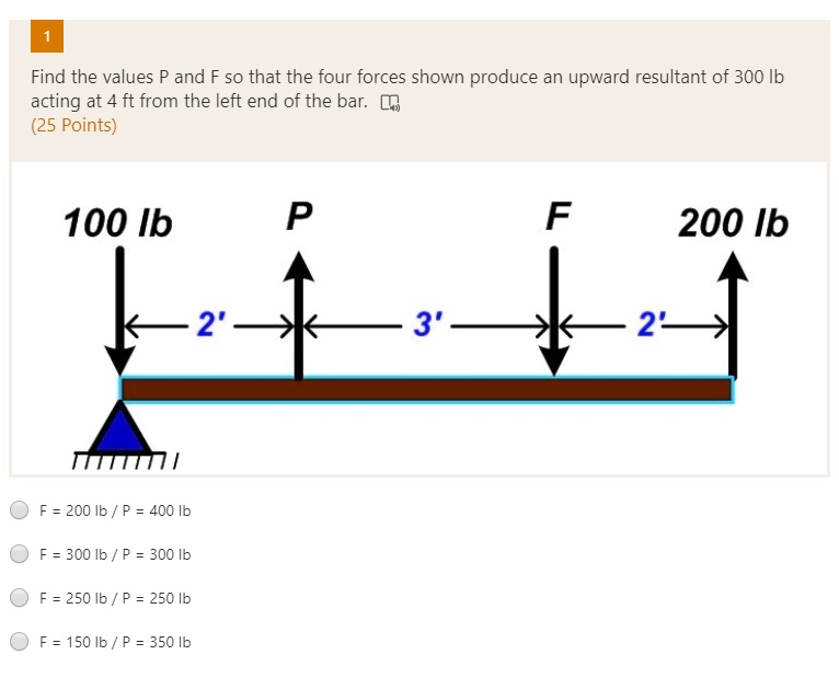 1 Find the values P and F so that the four forces shown produce an upward resultant of 300 lb ...