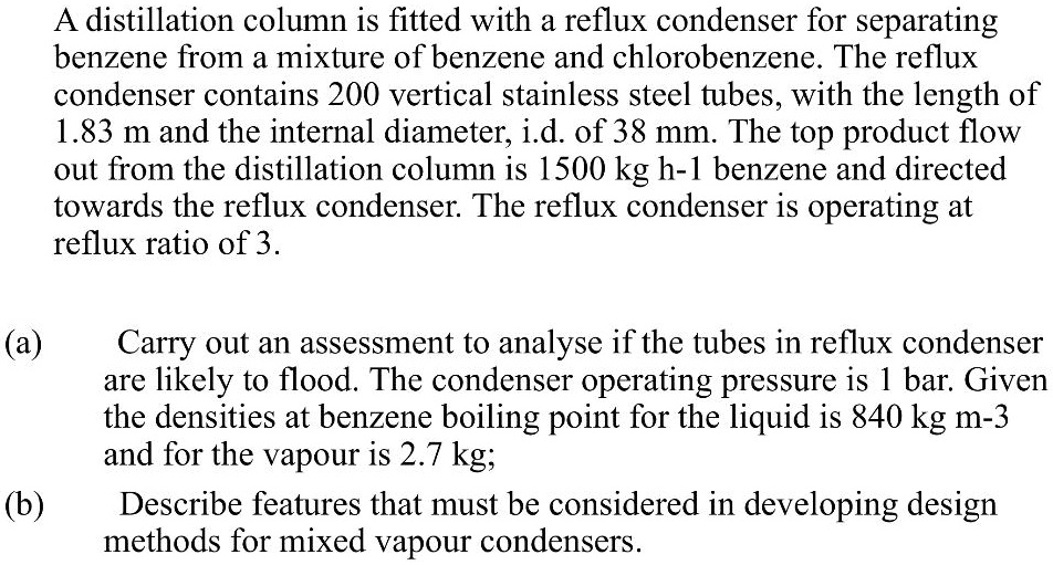 A distillation column is fitted with a reflux condenser for separating ...