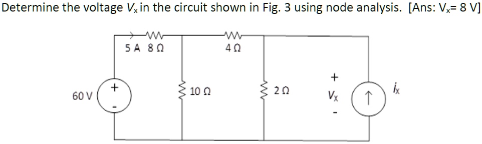 Determine the voltage Vx in the circuit shown in Fig. 3 using node analysis. [Ans: Vx = 8 V]