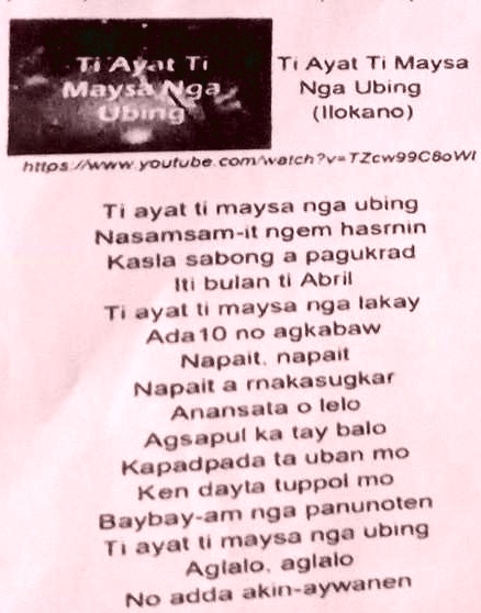 SOLVED: Ti ayat ti maysa nga ubing" 1. What is the song all about? 2. What do you think is the ...