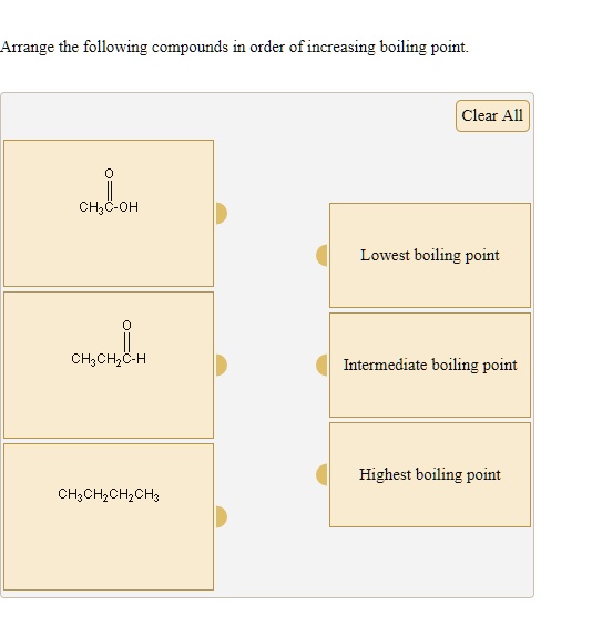 SOLVED: Arrange the following compounds in order of increasing boiling point: CH3C-OH (Lowest ...