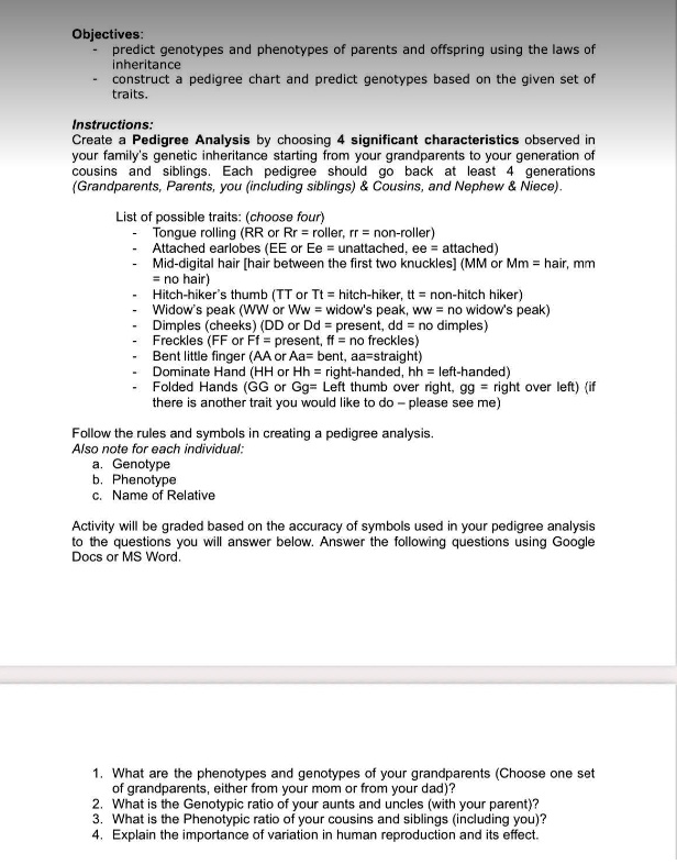 SOLVED: Create a Pedigree Analysis Objectives: Predict genotypes and phenotypes of parents and ...