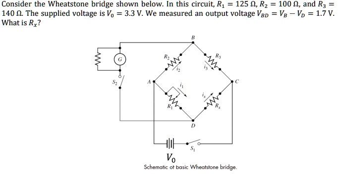 SOLVED: Consider the Wheatstone bridge shown below. In this circuit, R, = 125 , R = 100 , and R ...