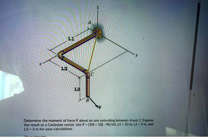 L1 A x L2 C L3 z B F Determine the moment of force F about an axis ...