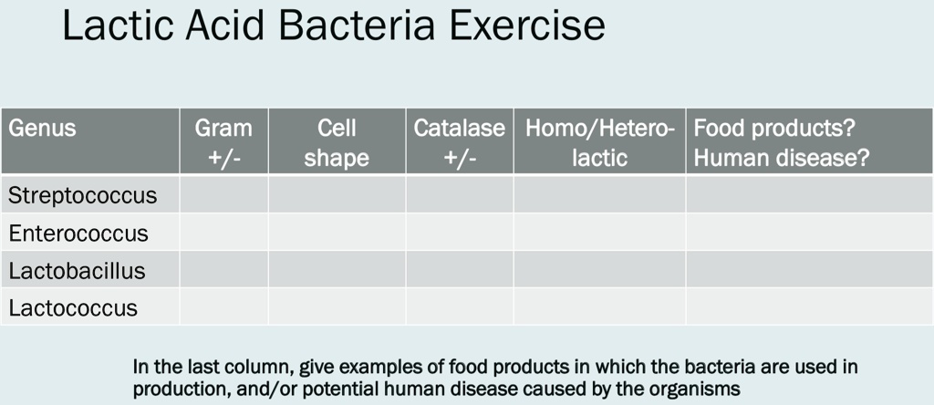 Solved Lactic Acid Bacteria Exercise Genus Gram I Cell Shape Catalase