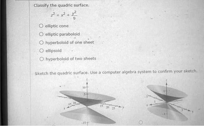Classify the quadric surface. z^2 = x^2 + (y^2)/(9)O elliptic coneO ...