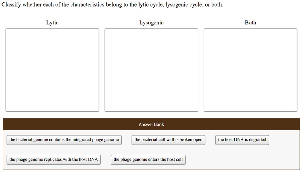 SOLVED: Classify whether each of the characteristics belong to the lytic cycle, lysogenic cycle ...