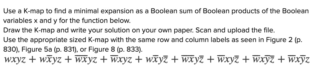 SOLVED: Use a K-map to find a minimal expansion as a Boolean sum of Boolean products of the ...
