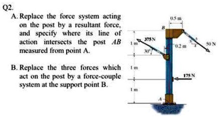 Q2. A. Replace the force system acting on the post by a resultant force, and specify where its ...