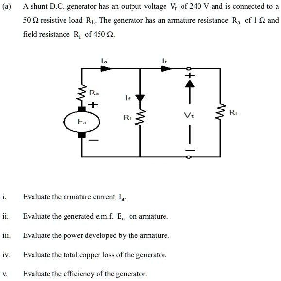 SOLVED: A shunt D.C. generator has an output voltage V of 240 V and is ...