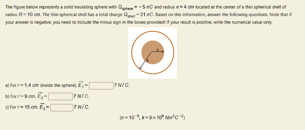 SOLVED: The figure below represents a solid insulating sphere with Qsphere = -5nC and radius r ...