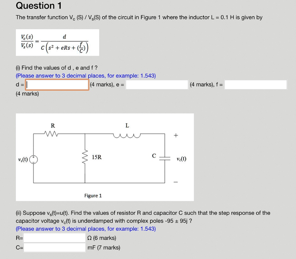 Question 1 The transfer function Vc(S) / VS(S) of the circuit in Figure ...