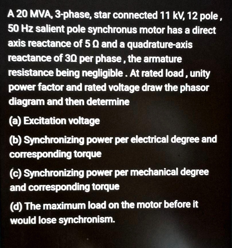 Solved A 20 Mva 3 Phase Star Connected 11 Kv 12 Pole 50 Hz Salient